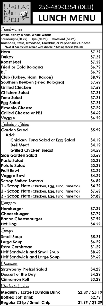 Lunch Menu – Dallas Mill Deli